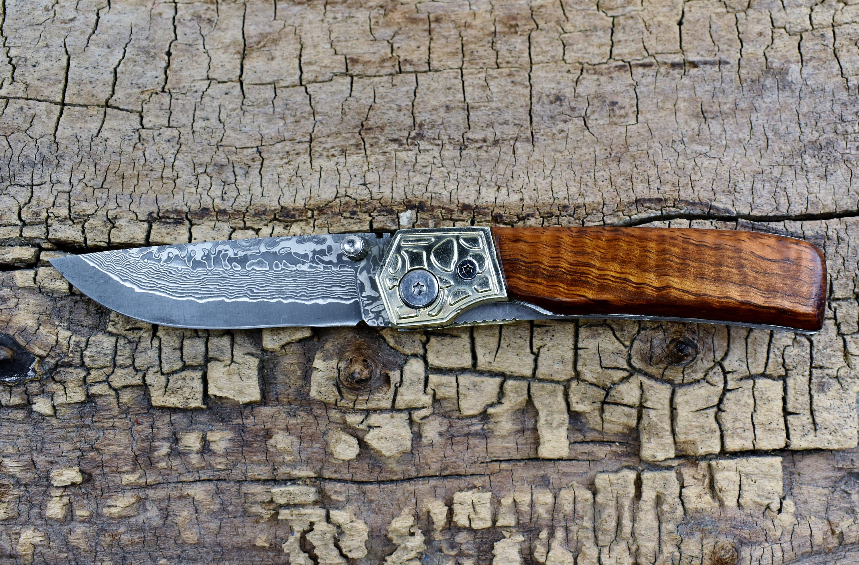 Pocket Knife with Wood Handle - Curly Koa - Wooden Handle with Damascus ...