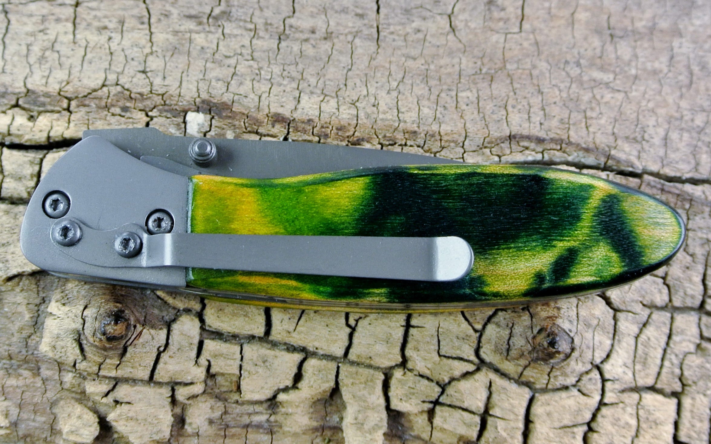 Pocket Knife with Wood Handle - Quilted Maple (Dyed Green) Wooden ...