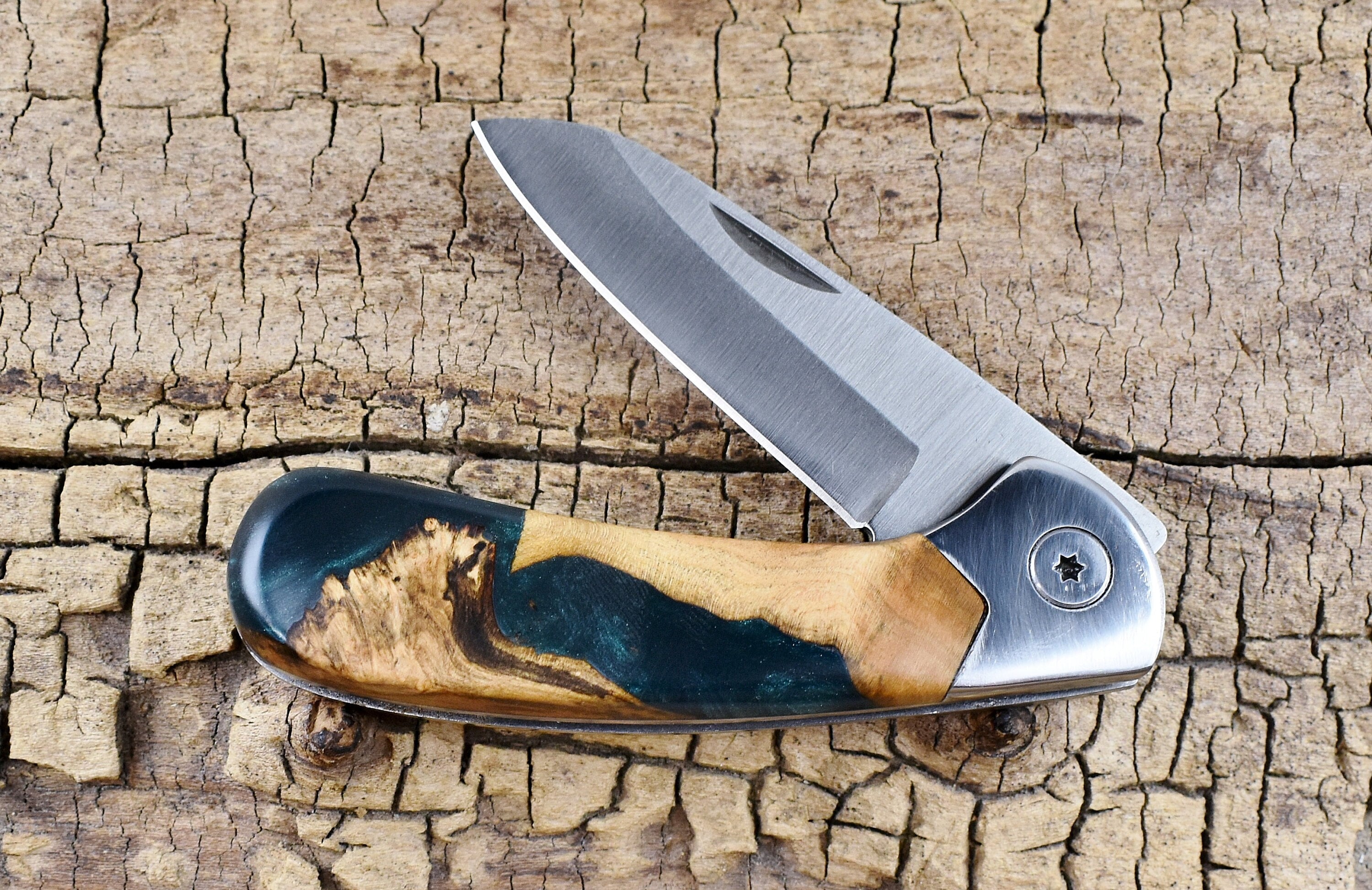 Resin Wood Pocket Knife with Wood Handle - Emerald Green Resin and ...