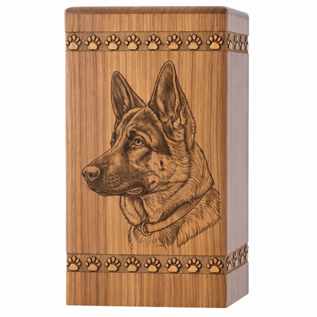 Handcrafted Wooden Dog Cremation Urn Box Engraved Dog Portrait With Paw ...
