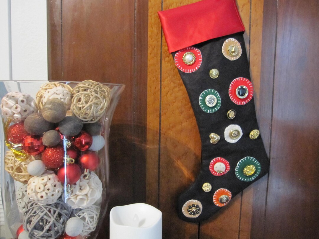 Christmas Stocking. Black Stocking With Gold Buttons. - Etsy