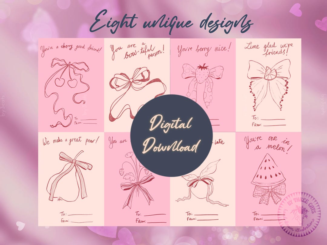 Printable Valentine’s Day Cards - Bows and Fruit Puns - Set of 8 - Etsy