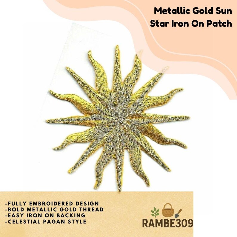 2.75" Metallic Gold Sun Star Iron on Patch, Pagan Astrology Embroidery ...