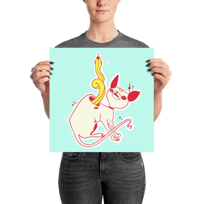 Sphynx Cat and Snake Matte Wall Art Print Poster, Teal Blue Home Decor ...