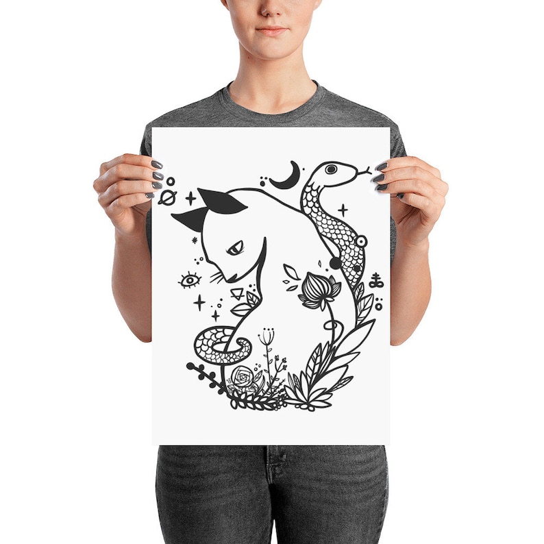 Cat and Snake Artwork Matte Art Print, Black and White Poster ...