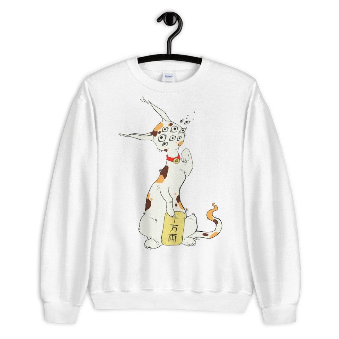 Strange Maneki Neko Sweatshirt, Japanese Calico Cat Sweater, Lucky ...