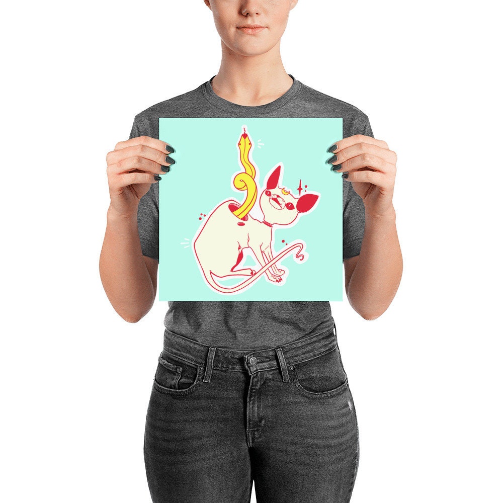 Sphynx Cat and Snake Matte Wall Art Print Poster, Teal Blue Home Decor ...