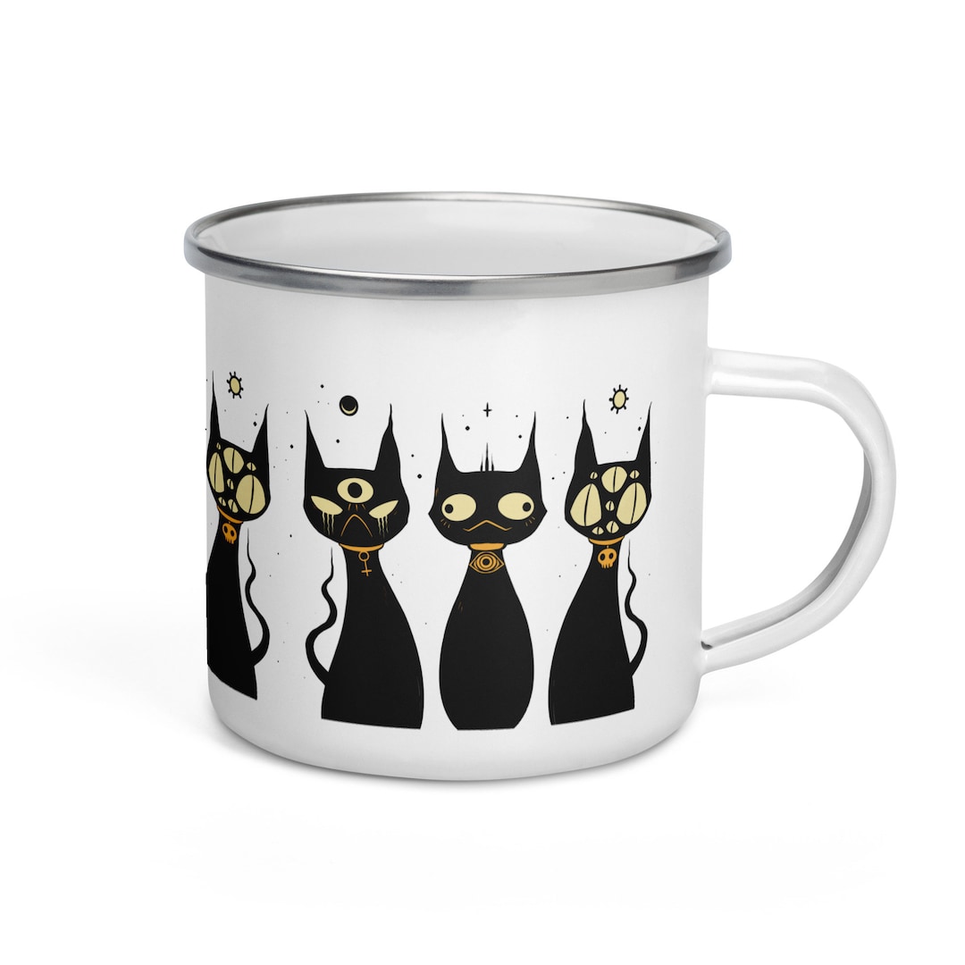 Creepy Cute Black Cats Enamel Mug, 12 Oz Camping Cup, Outdoor Mug for ...