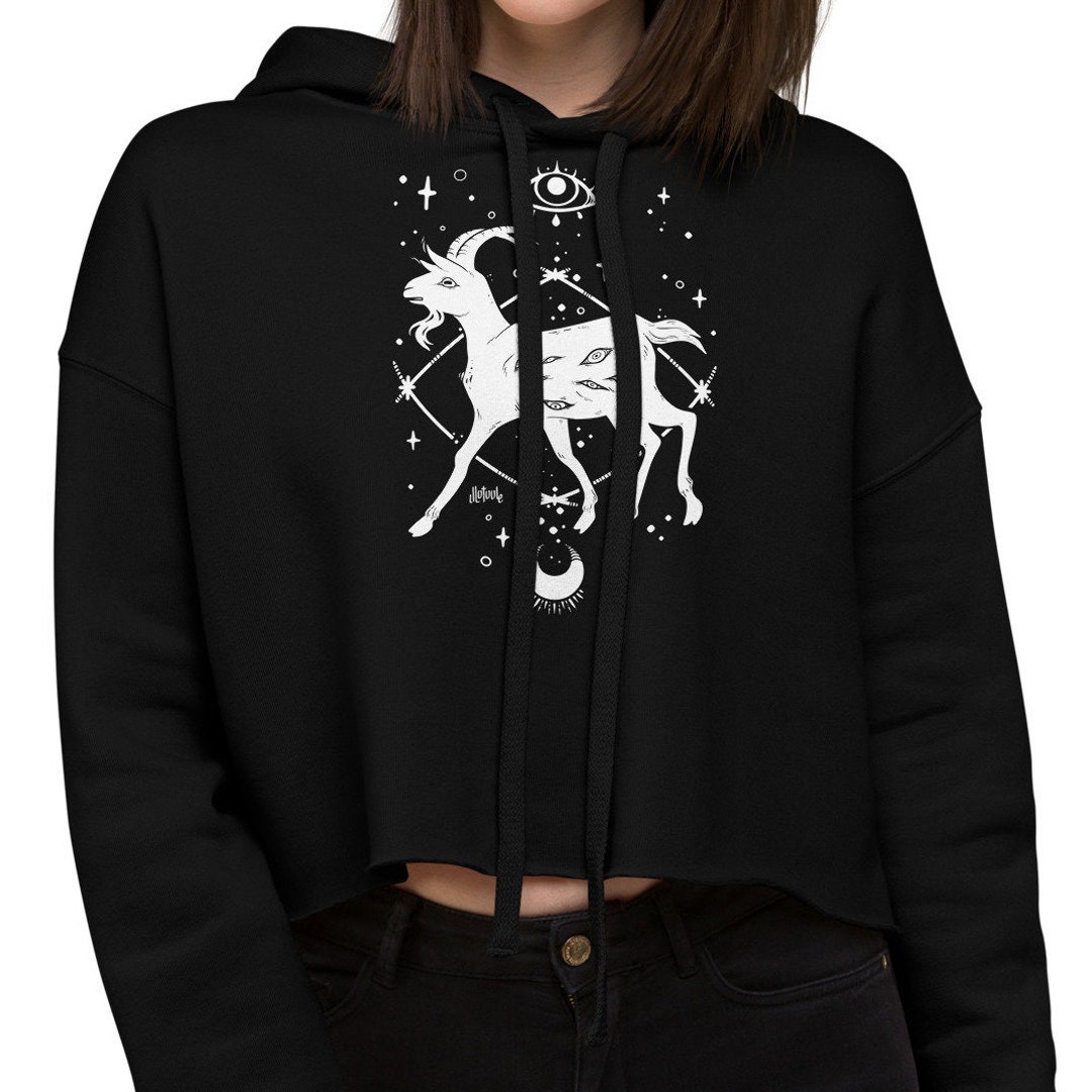Spooky Goat Halloween Fleece Crop Hoodie, Rave Goth Witchy Cropped ...