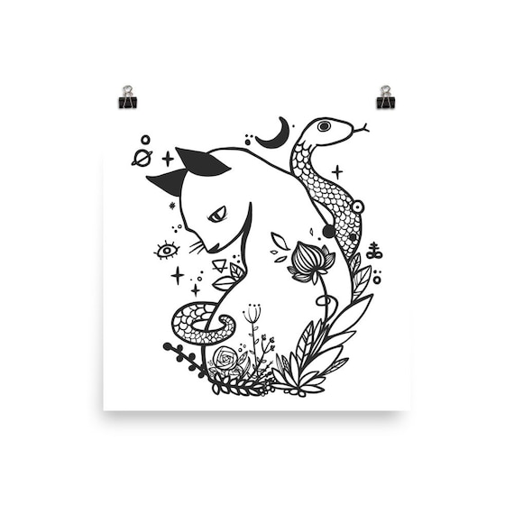 Cat and Snake Artwork Matte Art Print Black and White Poster - Etsy