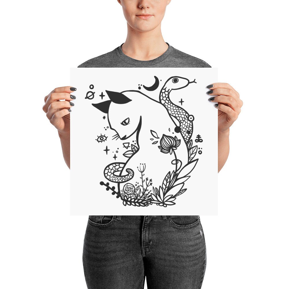 Cat and Snake Artwork Matte Art Print, Black and White Poster ...