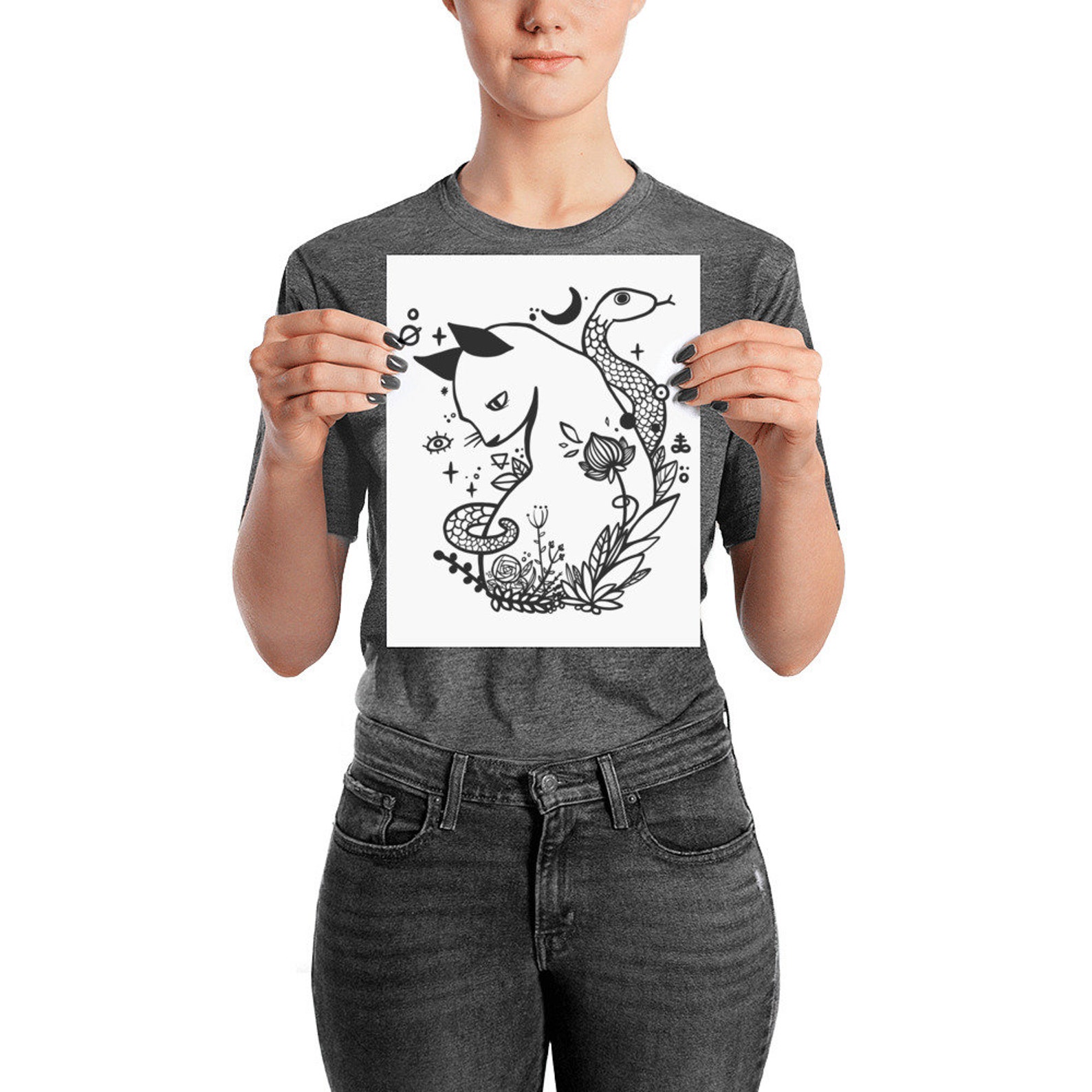Cat and Snake Artwork Matte Art Print, Black and White Poster ...