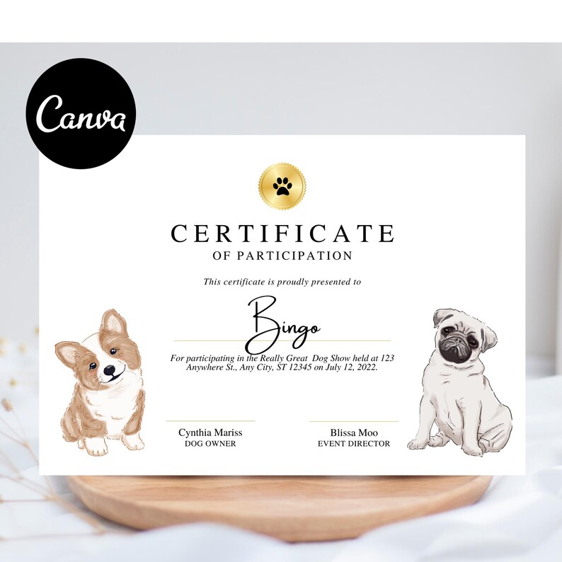 Editable Dog Show Certificate Template | Participation Award (PDF ...