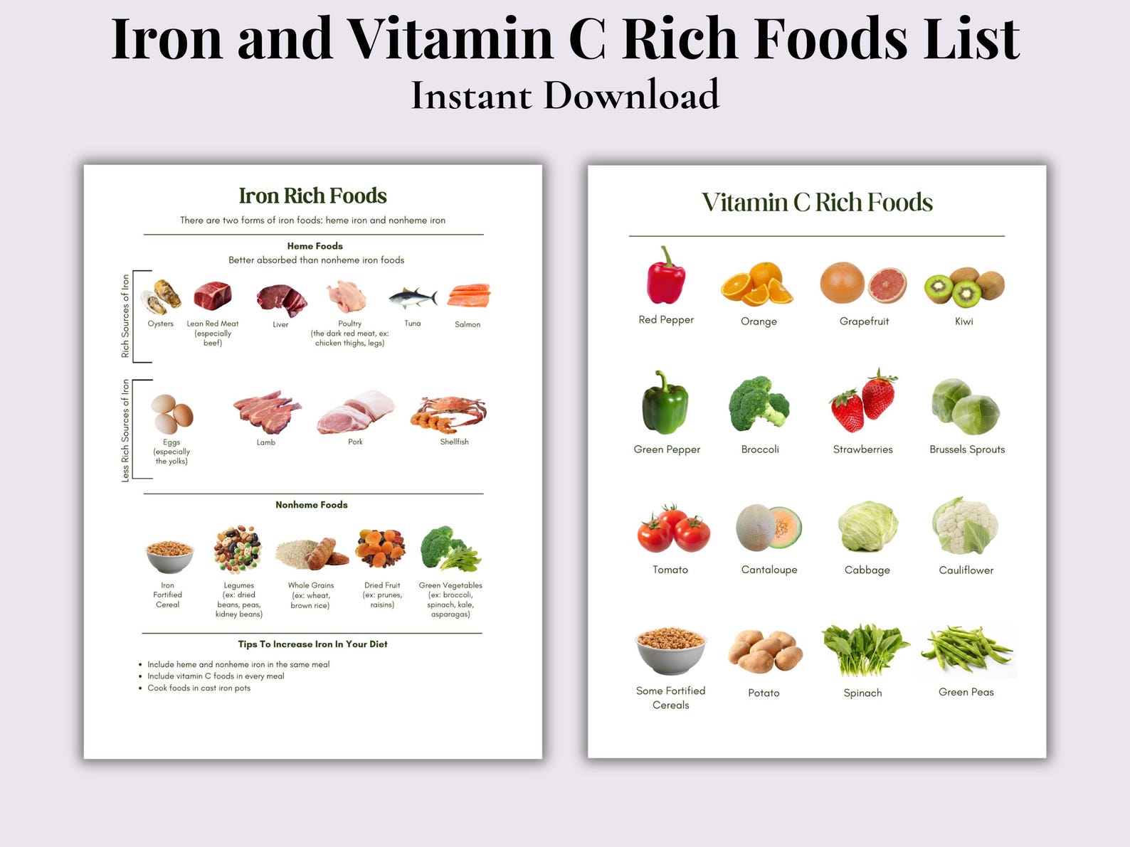 Iron and Vitamin C Rich Foods List Bundle | Infographic | Instant ...