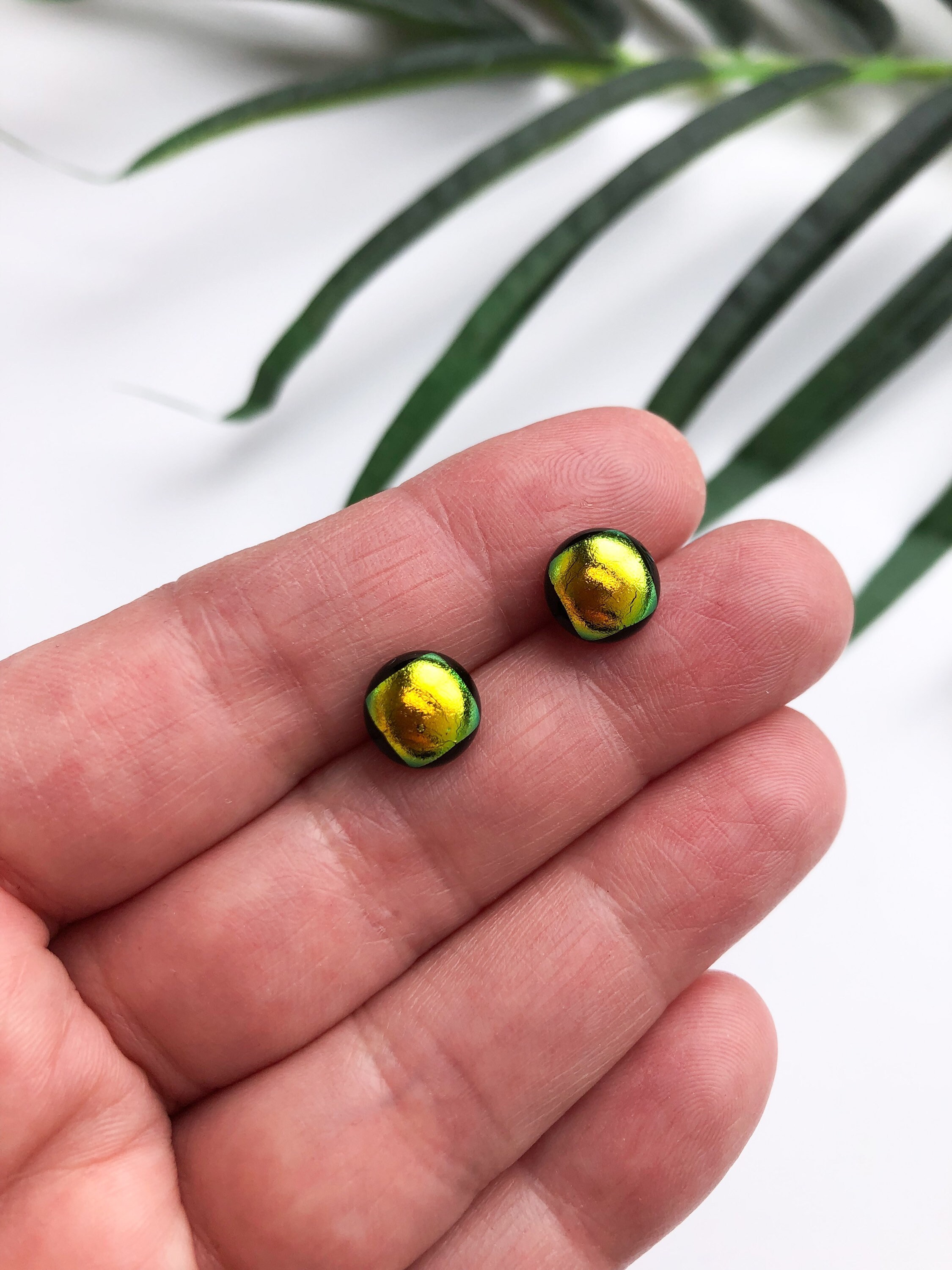 Golden Dichroic super Shiny Stud Earrings, on Sterling Silver Fused ...