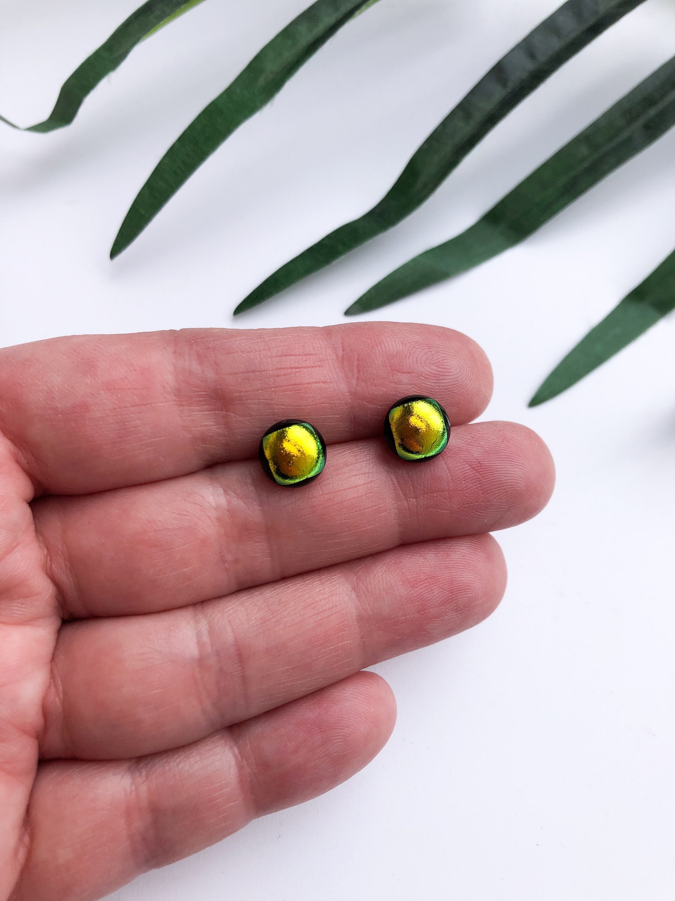 Golden Dichroic super Shiny Stud Earrings, on Sterling Silver Fused ...