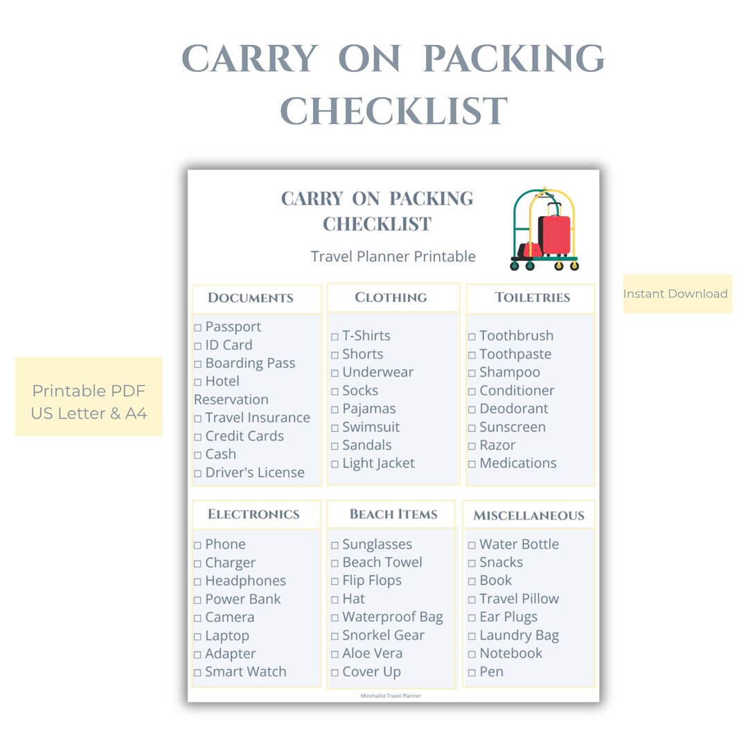Carry On Packing Checklist Printable, Carry On Travel Planner PDF ...