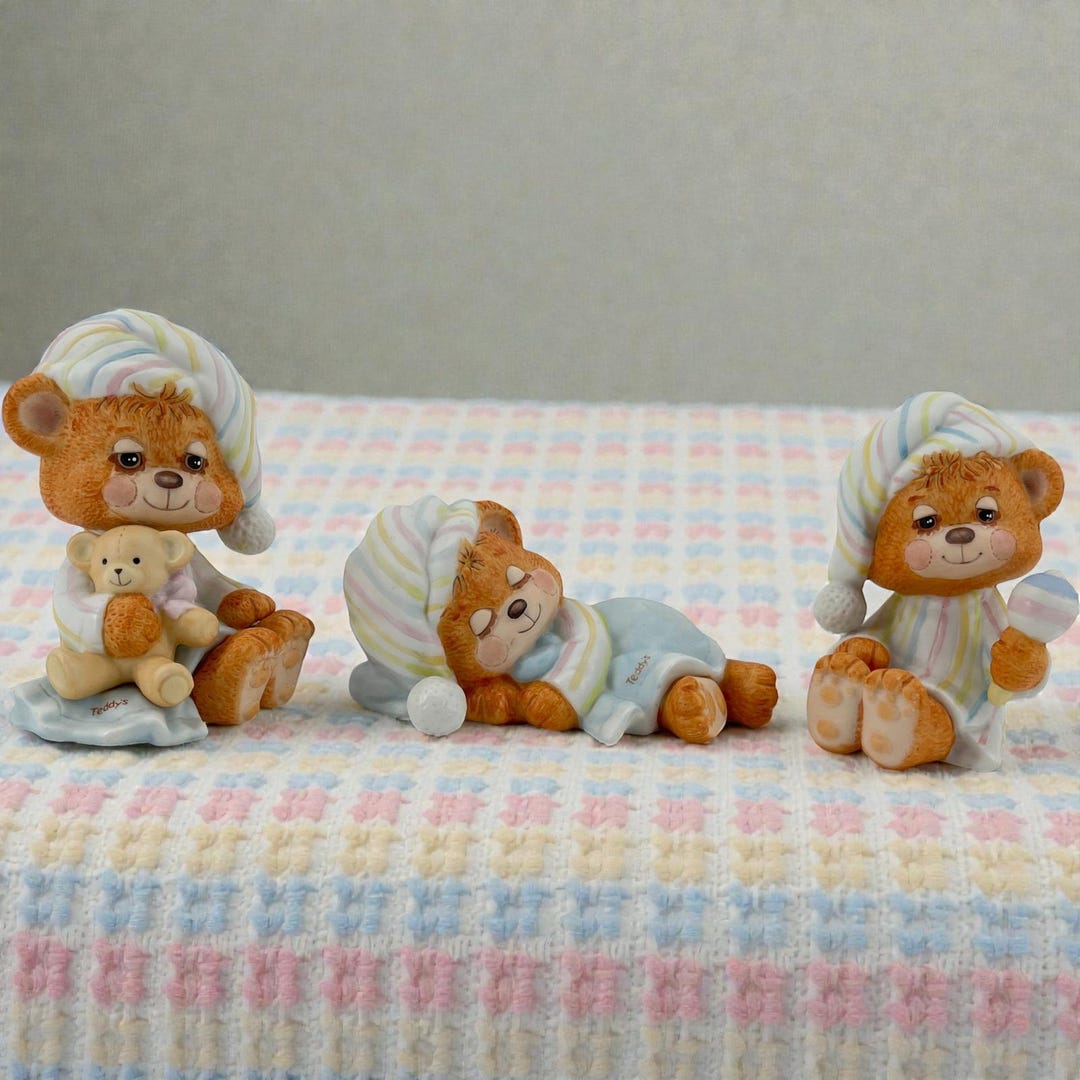 Teddy Beddy Bear Figurines 1982 Morgan Inc Enesco Set of 3 Pajama Bears ...