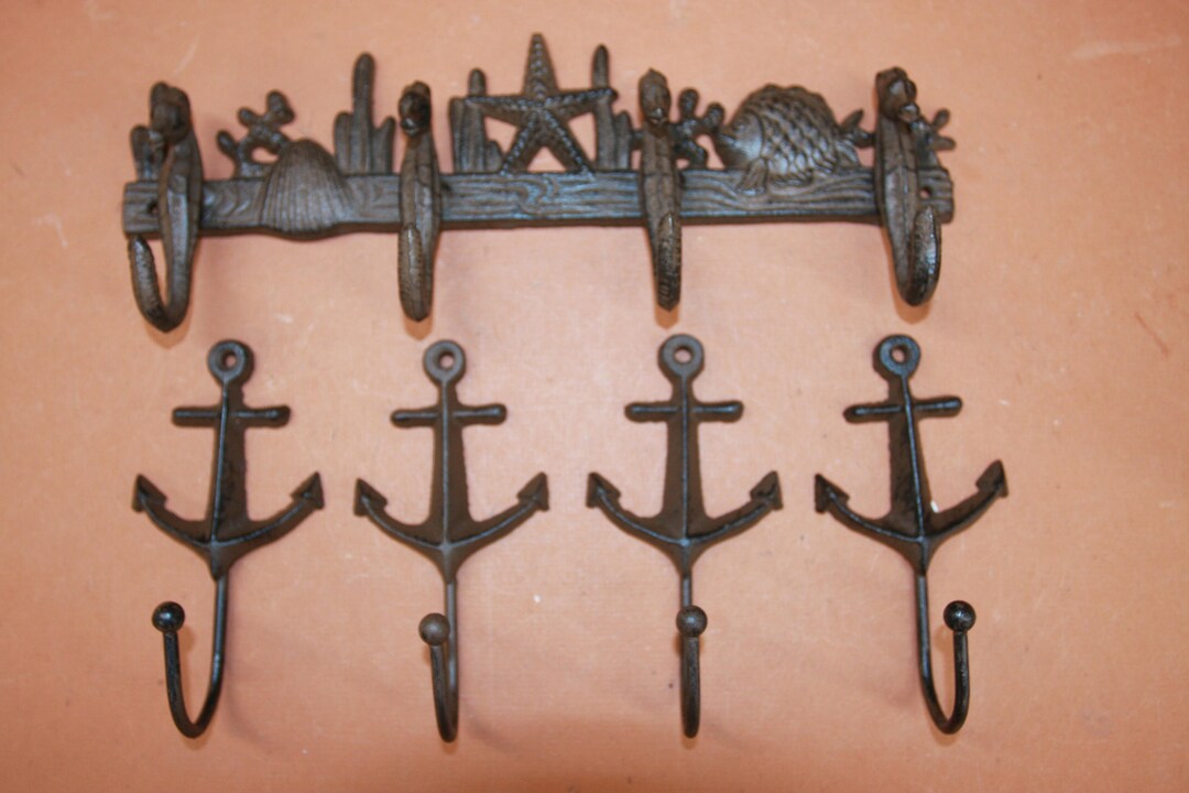 5 Rustic Ocean Theme Sealife Design Cast Iron Wall Hook Bar Set, Rustic ...