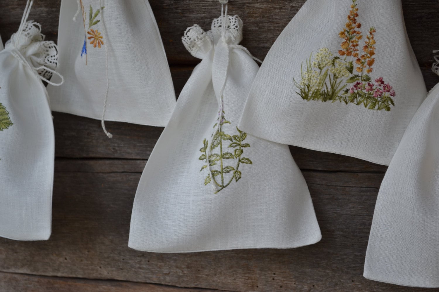 Linen Gift Bags Set of 7 Natural Linen Bags With Embroidery - Etsy