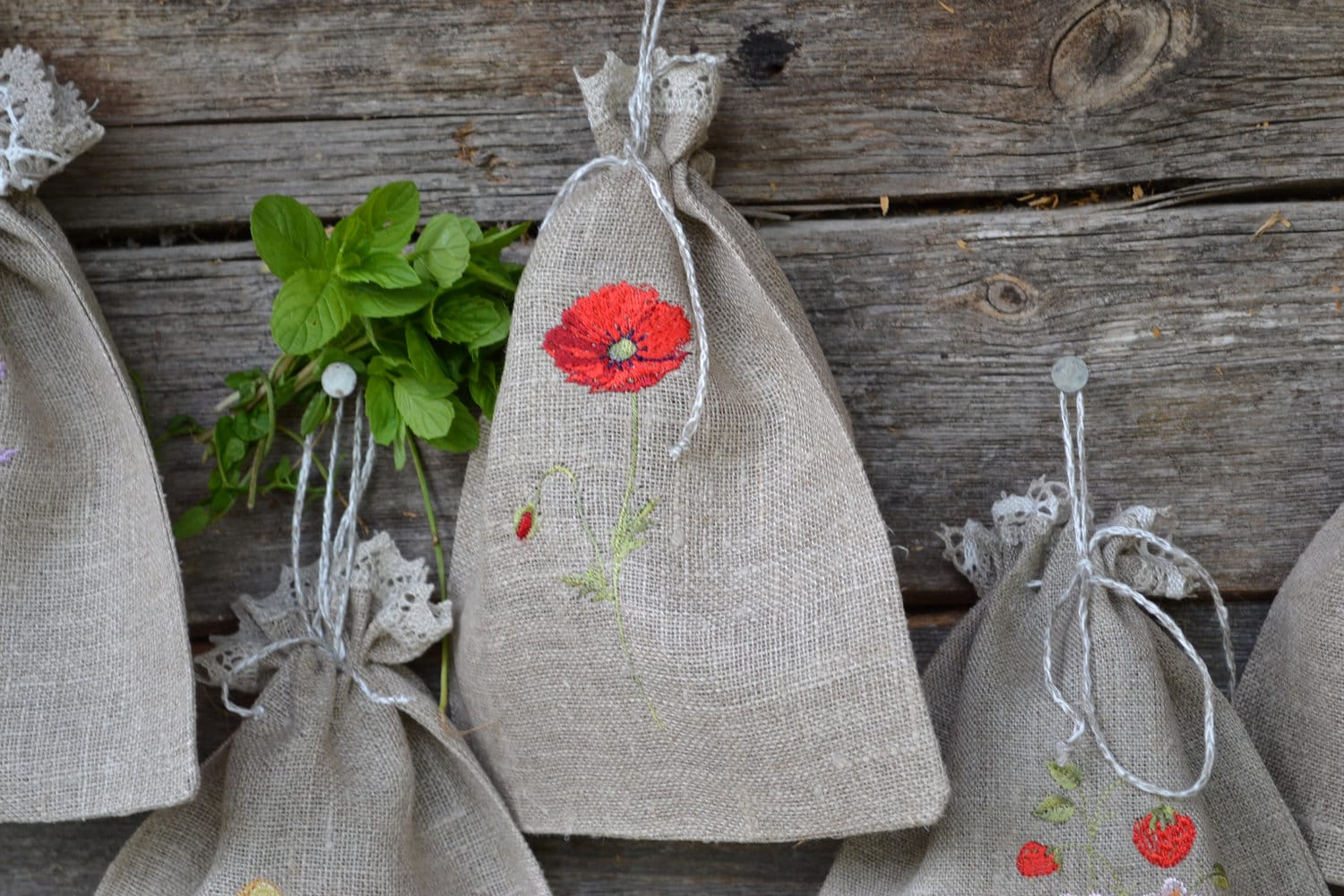 Linen Bags - Set of 7 Natural Linen Bags With Embroidery for Presents ...