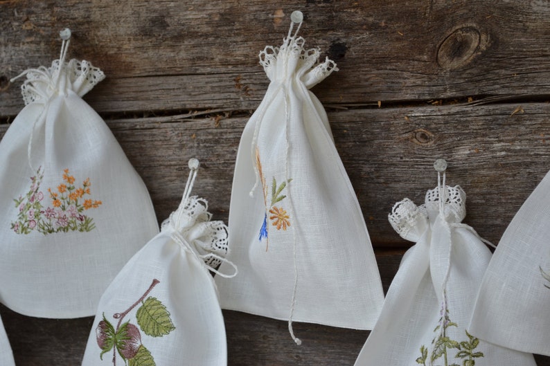 Linen Gift Bags Set of 7 Natural Linen Bags With Embroidery - Etsy