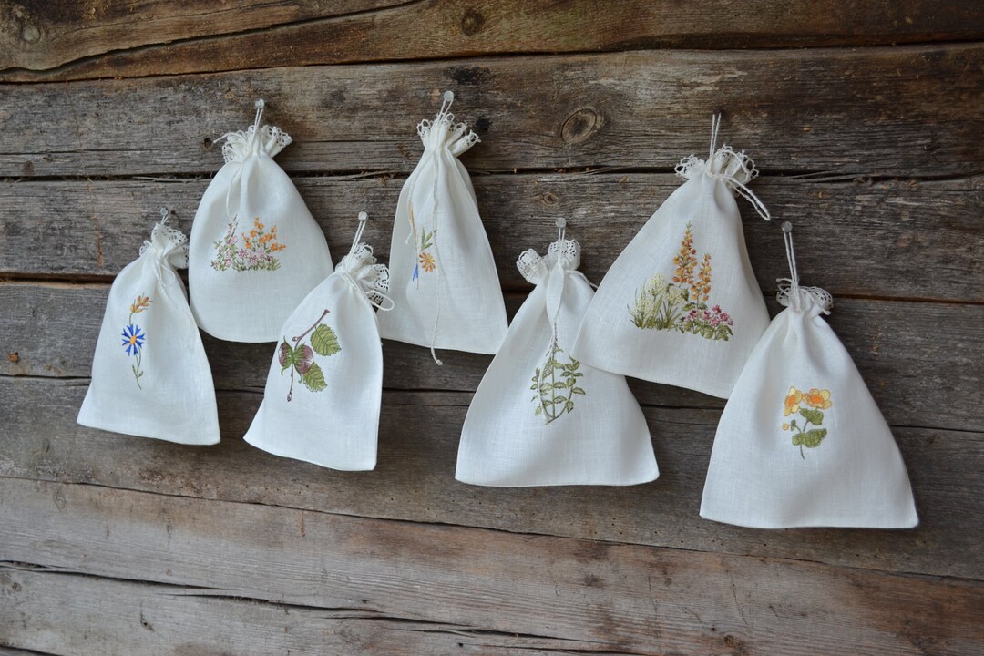 Linen Gift Bags Set of 7 Natural Linen Bags With Embroidery - Etsy