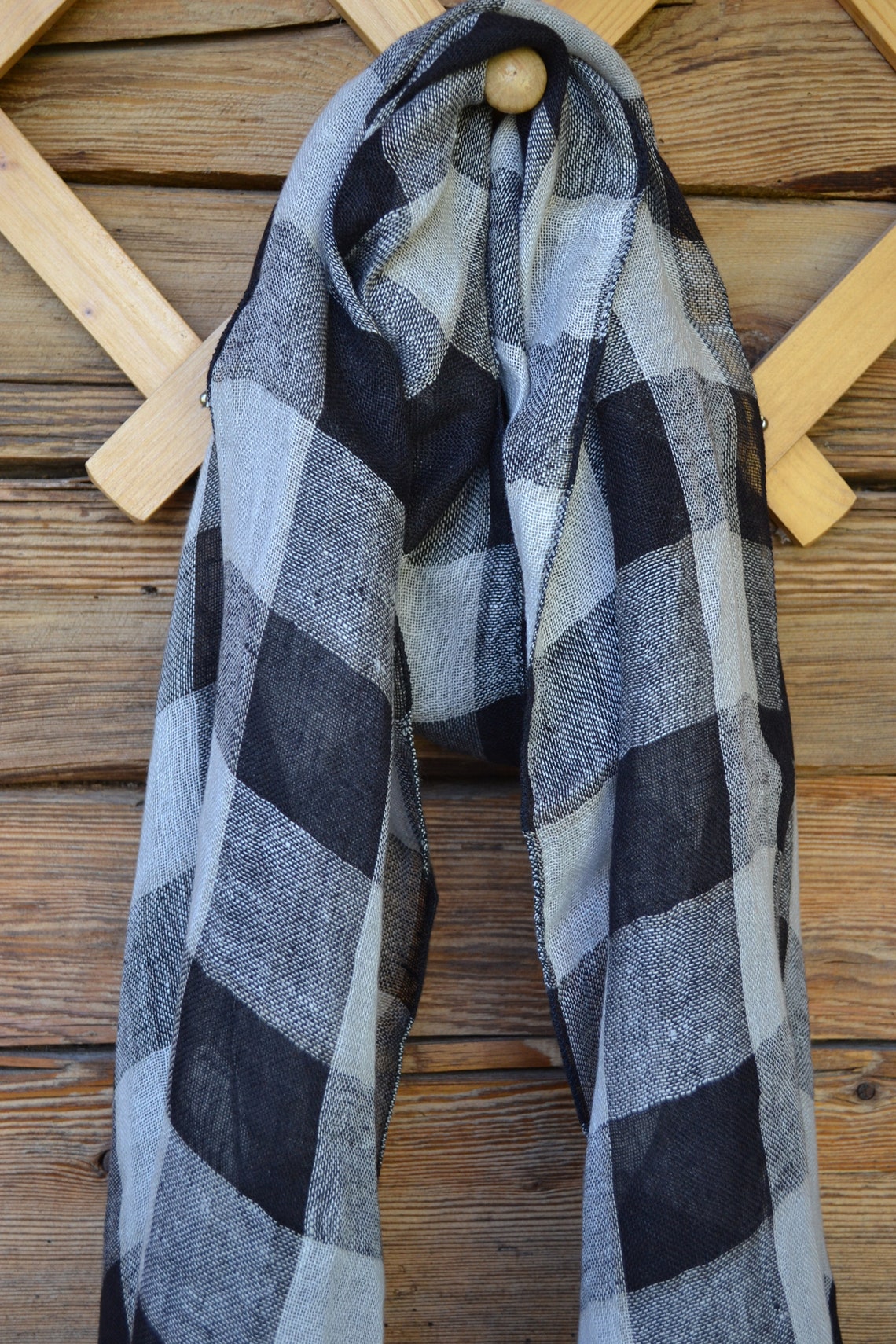 Long Linen Scarf Light Black and White Plaid Checked, Linen Scarf for ...
