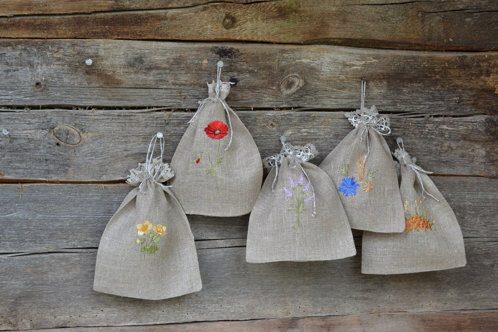 Linen Bags Set of 5 Natural Linen Bags With Embroidery for - Etsy