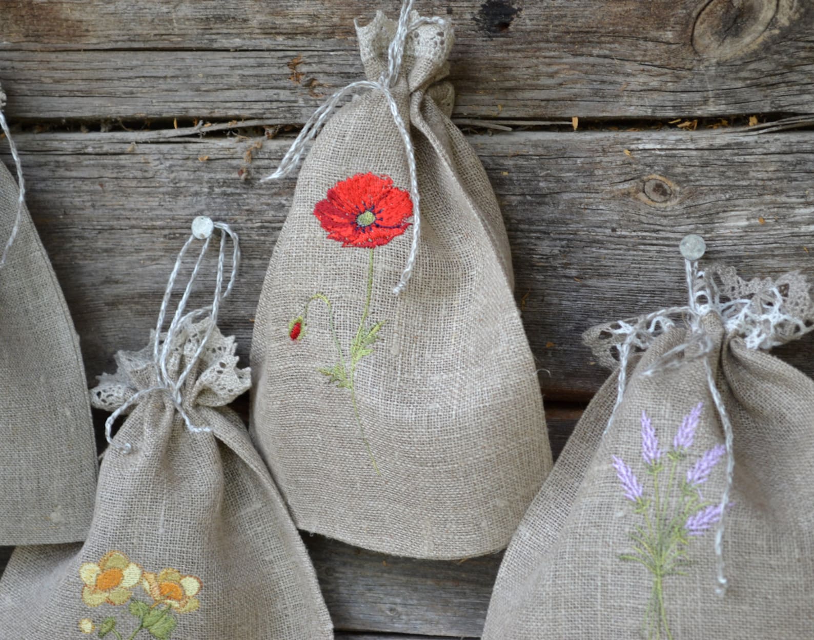 Linen Bags Set of 5 Natural Linen Bags With Embroidery for - Etsy