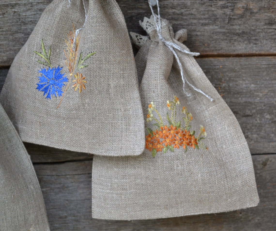 Linen Bags Set of 5 Natural Linen Bags With Embroidery for - Etsy