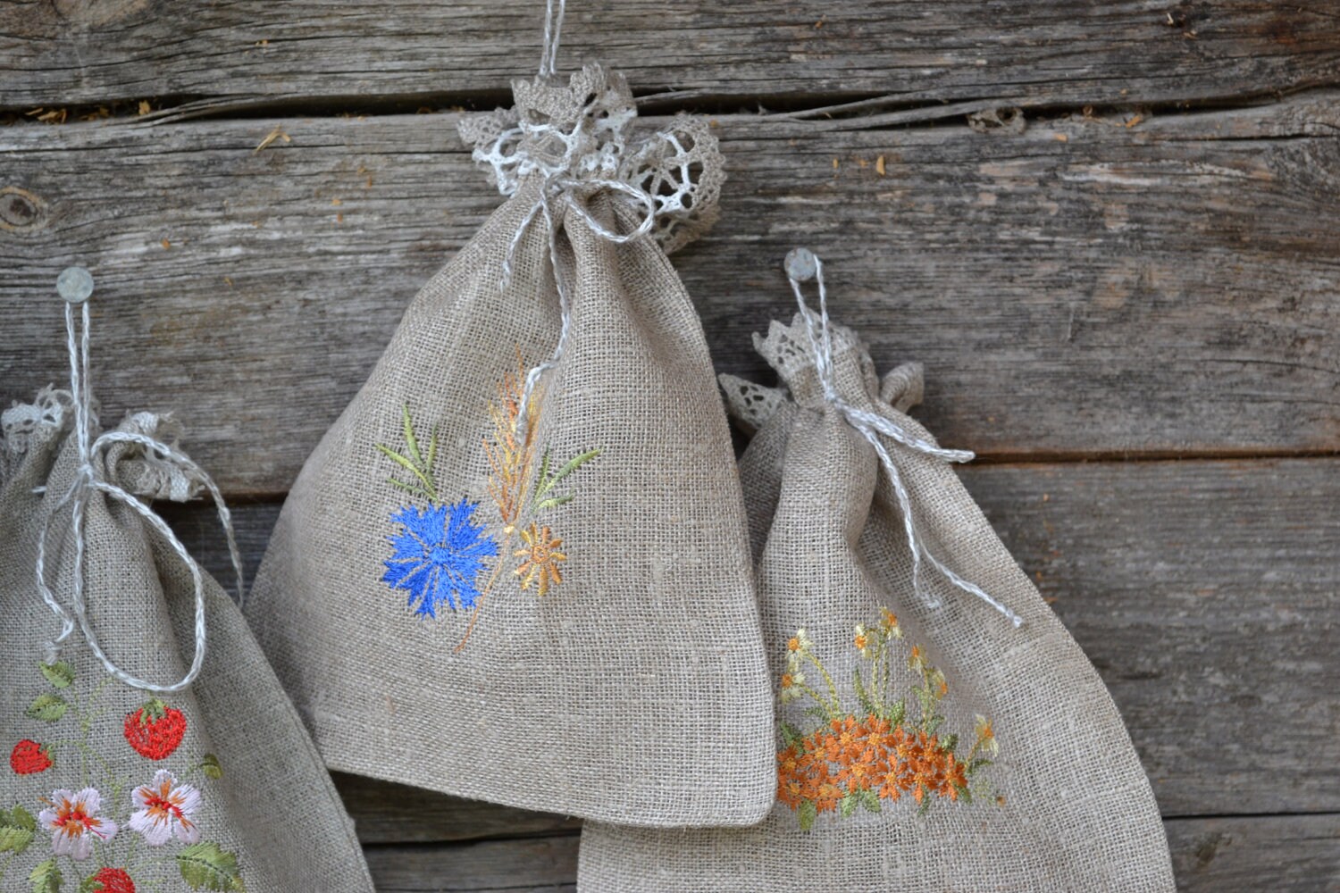Linen Bags Set of 7 Natural Linen Bags With Embroidery for Presents or ...