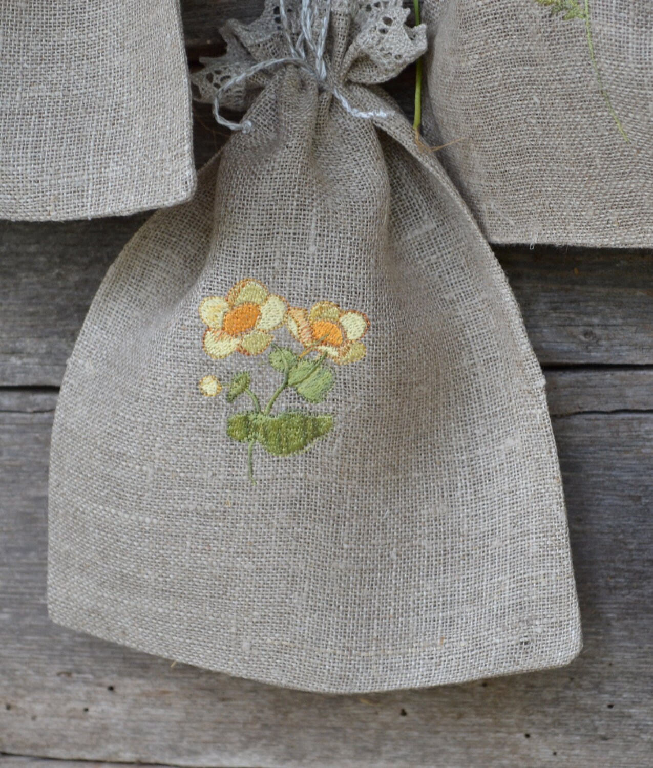 Linen Bags Set of 5 Natural Linen Bags With Embroidery for - Etsy