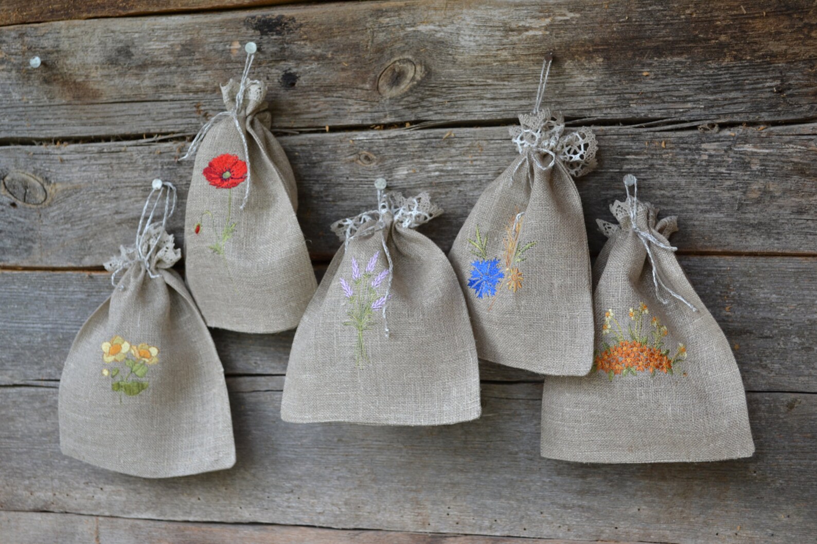 Linen Bags Set of 5 Natural Linen Bags With Embroidery for - Etsy