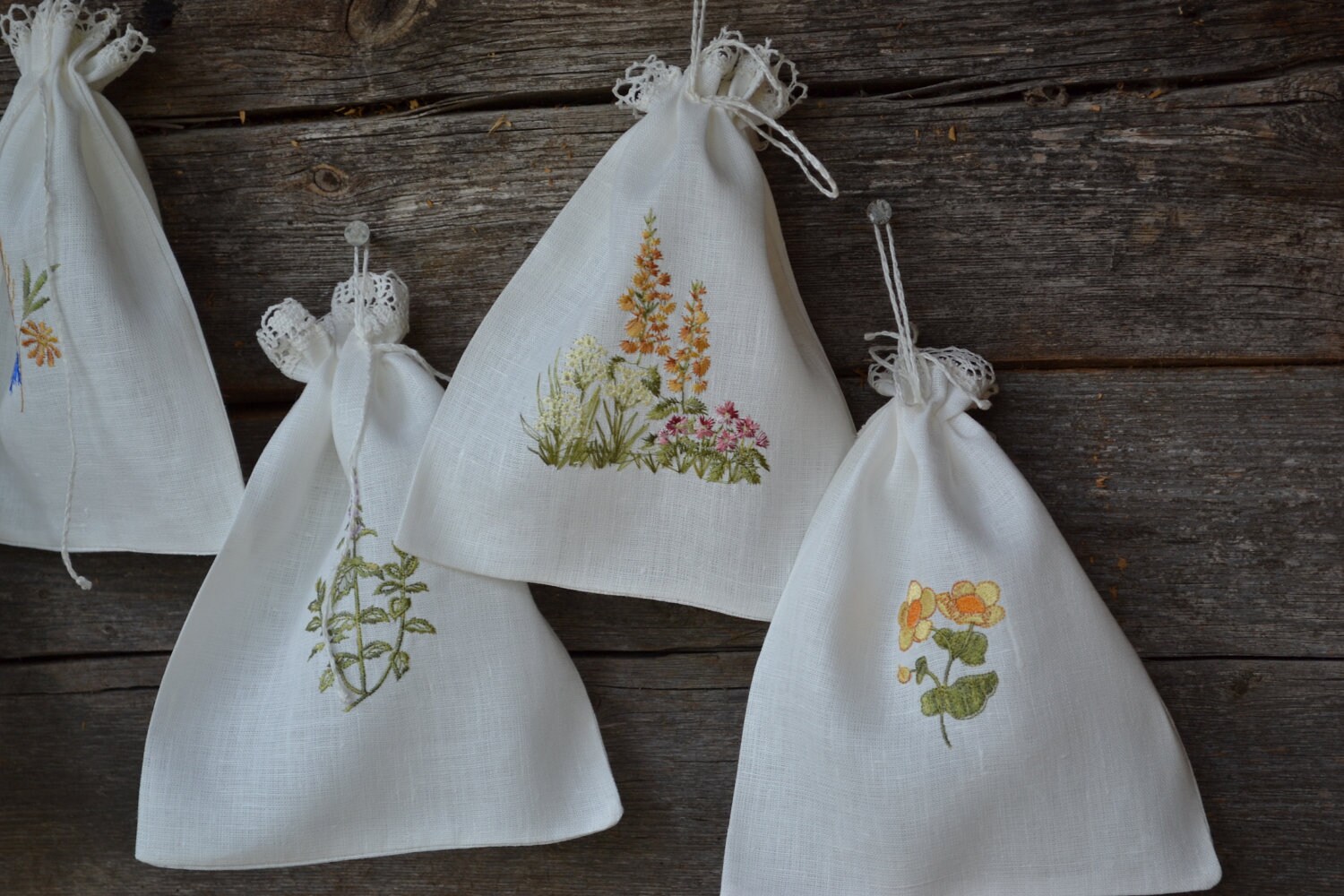 Linen Gift Bags Set of 7 Natural Linen Bags With Embroidery - Etsy
