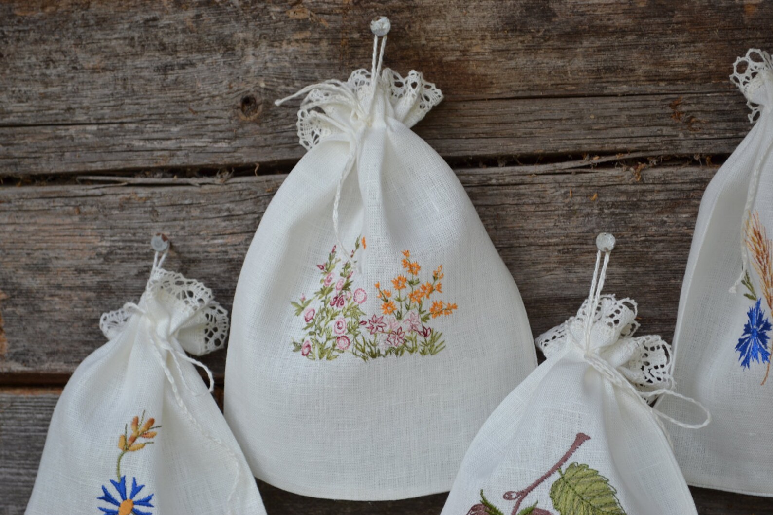 Linen Gift Bags Set of 7 Natural Linen Bags With Embroidery - Etsy