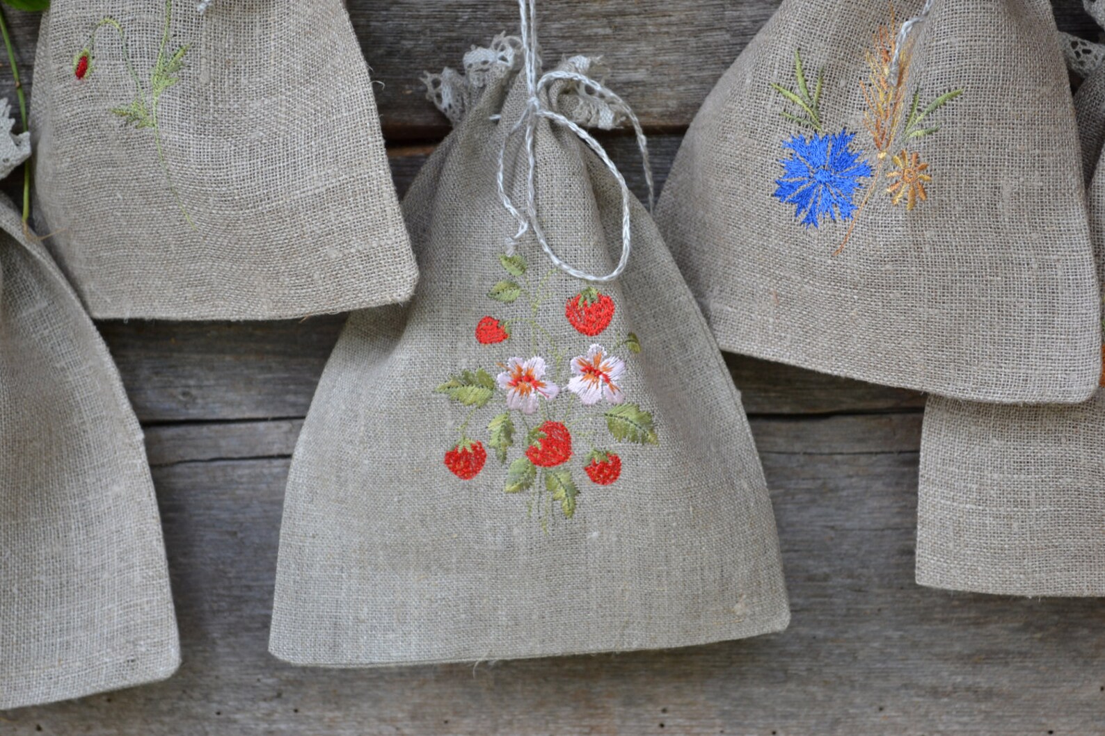 Linen Bags Set of 7 Natural Linen Bags With Embroidery for Presents or ...