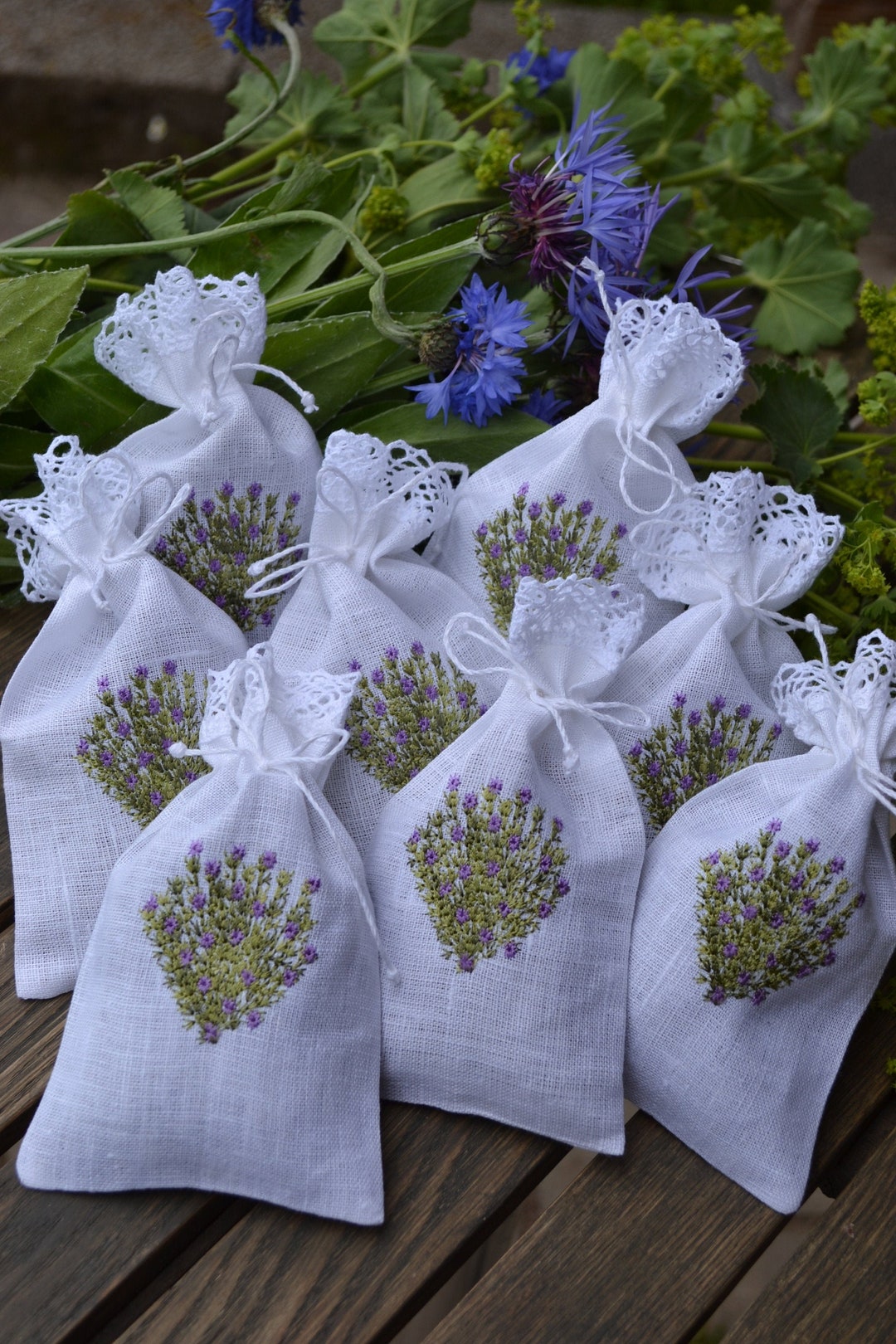 Set of 8 Bags White Linen Lavender Bags With Lavender Embroidery Gift ...