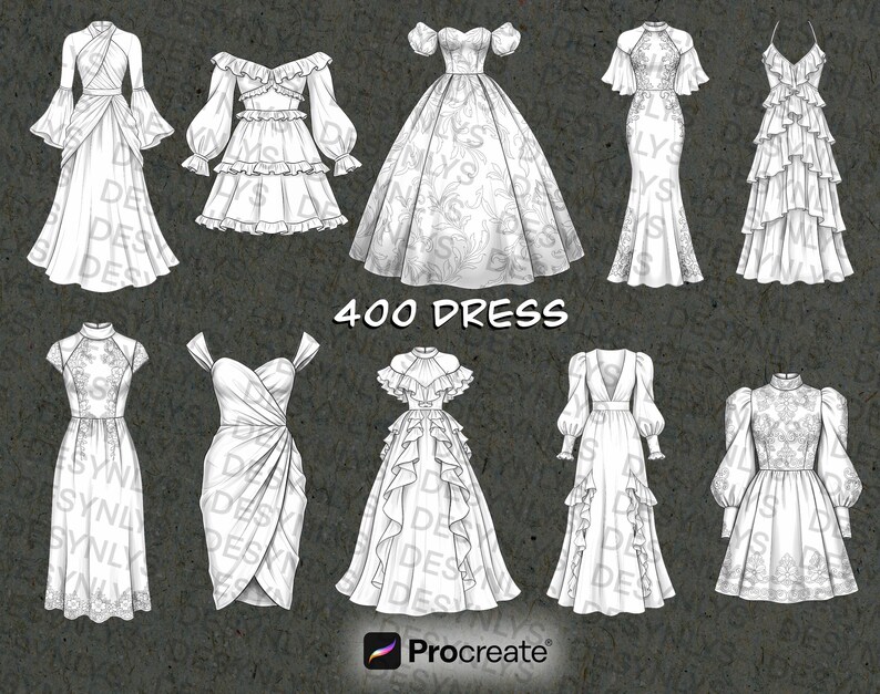 Procreate 400 Dress Stamps | Fashion Illustration Dress Set | Wedding ...