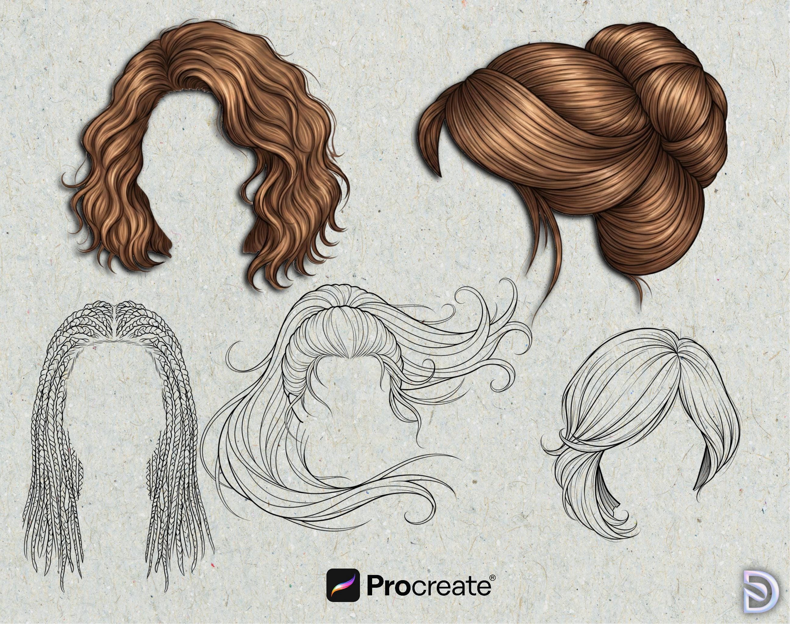 200 Female Hair Stamps for Procreate | Straight Wavy Fluffy Short ...