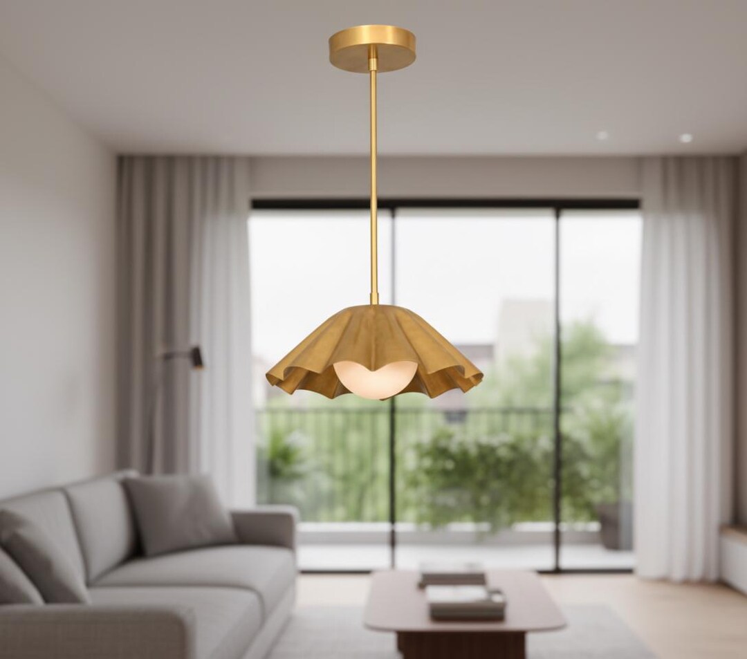 Brass Scallop Pendant Light | Mid-century Modern Ruffled Chandelier ...