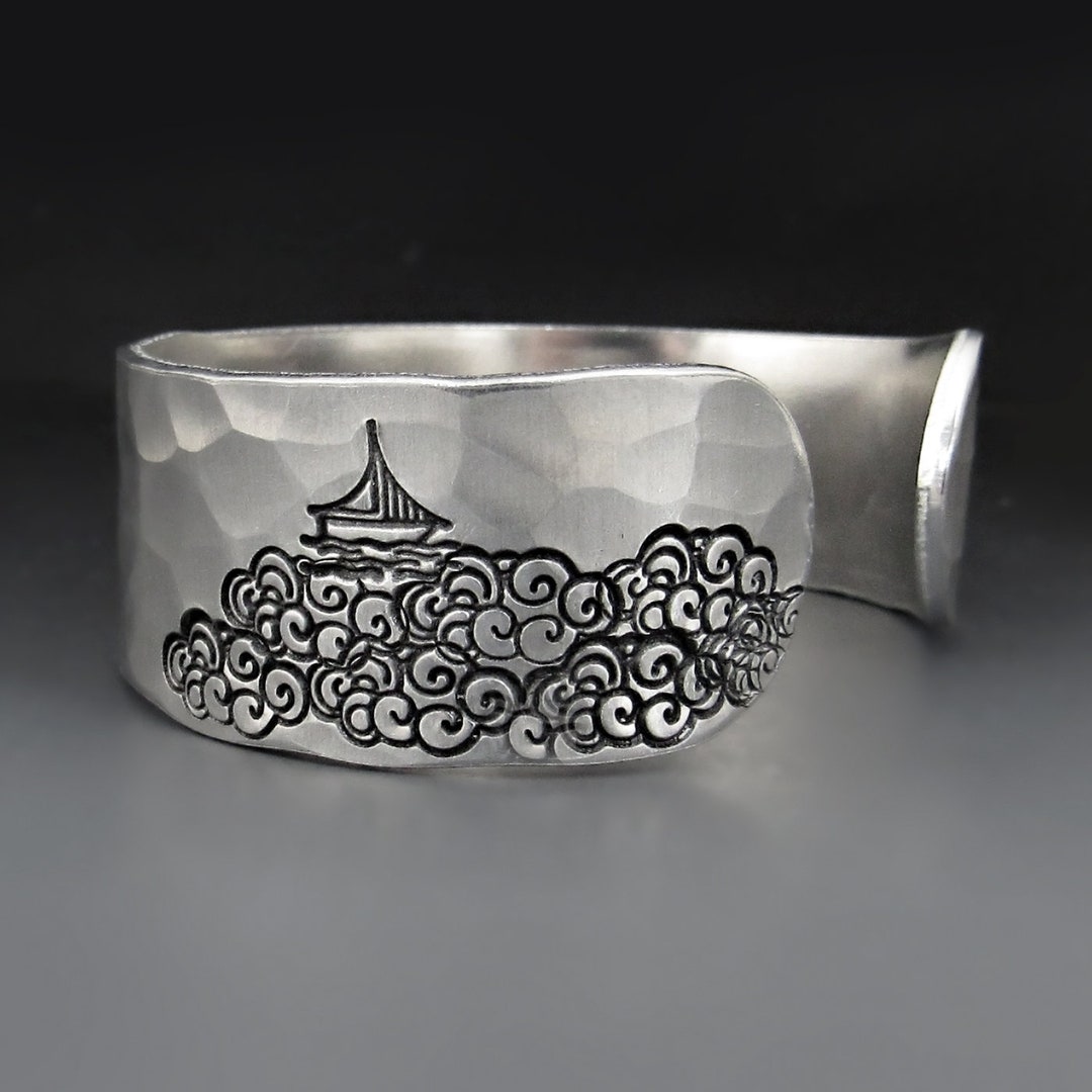 Personalized Ocean Wave Bracelet, Custom Sailboat Cuff, Hand Stamped ...