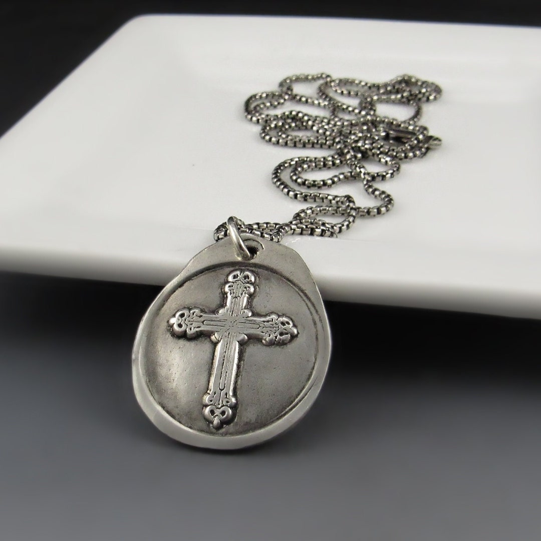 Men's Rustic Cross Necklace in Sterling Silver Handmade Wax Seal ...
