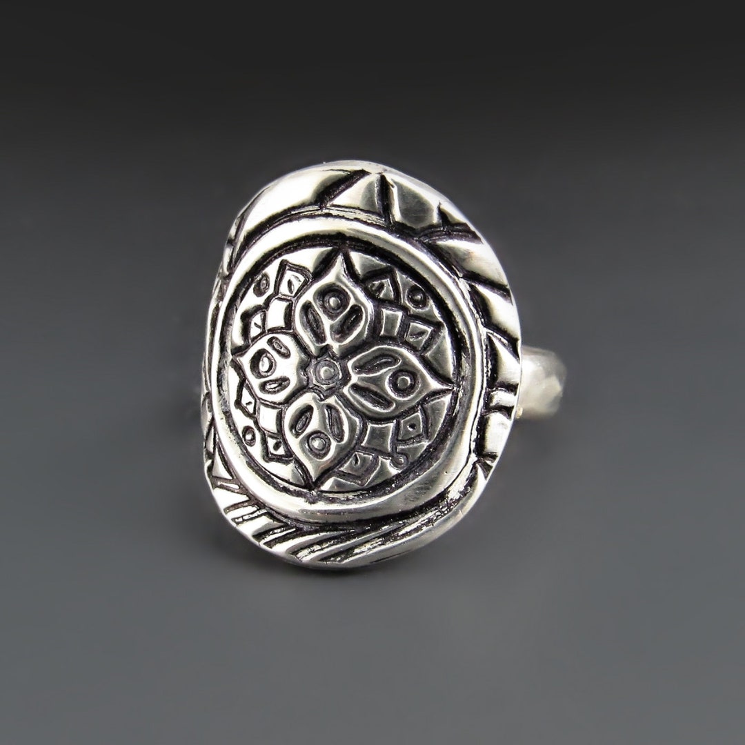 Four Petal Flower Ring, Sterling Silver, Coin Ring, Wax Seal Ring ...