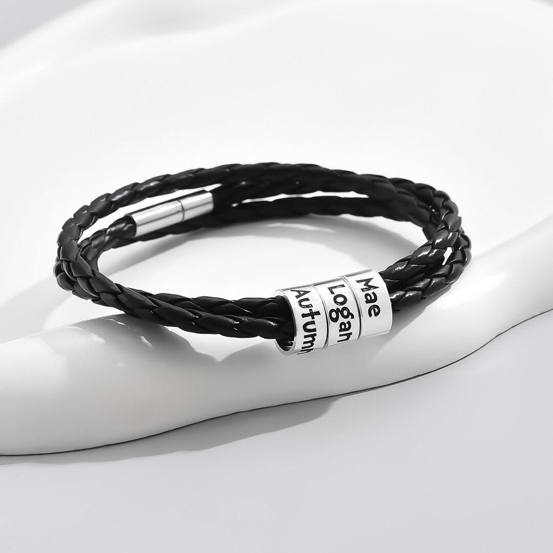 Personalized Men Black Braid Names Bracelet, Custom Family Names Charm ...