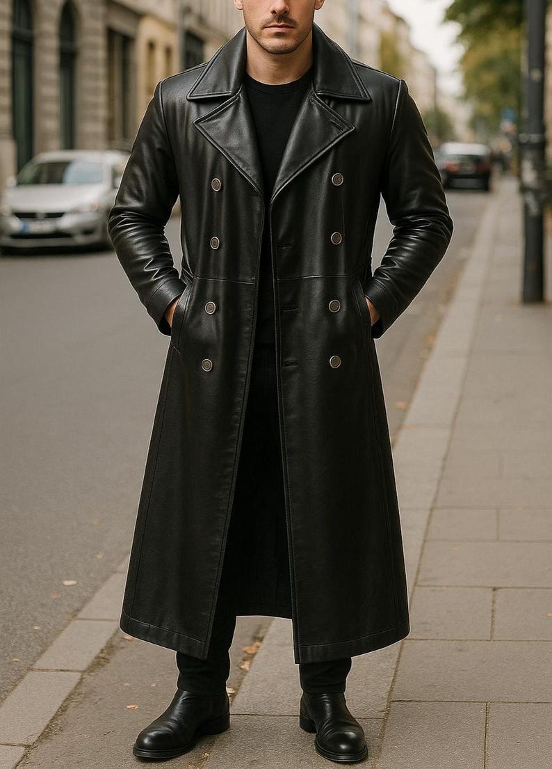 Gabardina de piel de oveja negra hecha a mano para hombre: abrigo ...