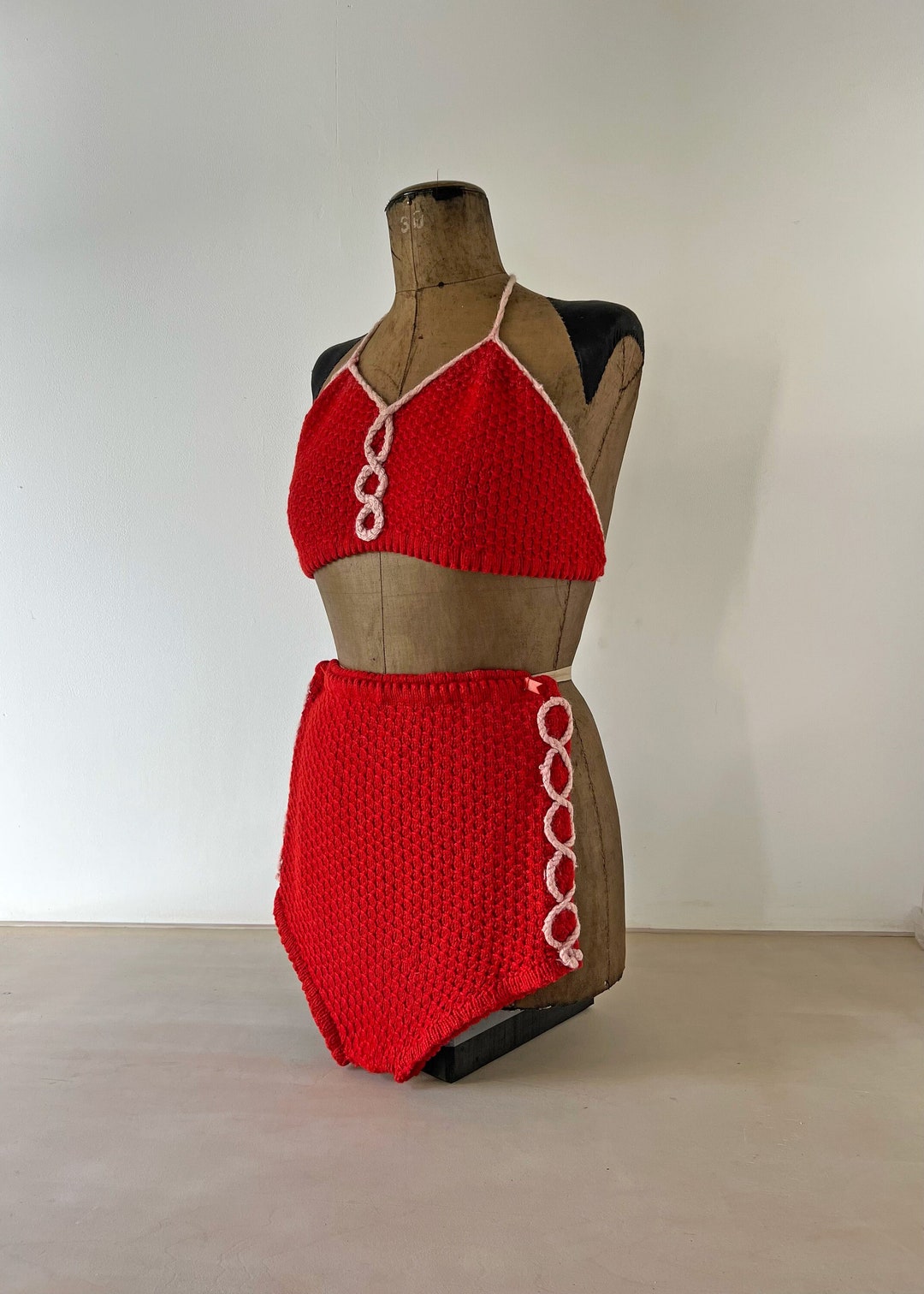 1940s Bikini Playsuit Suit . 30s 40s Vintage Red and Pink Knit Bathing ...