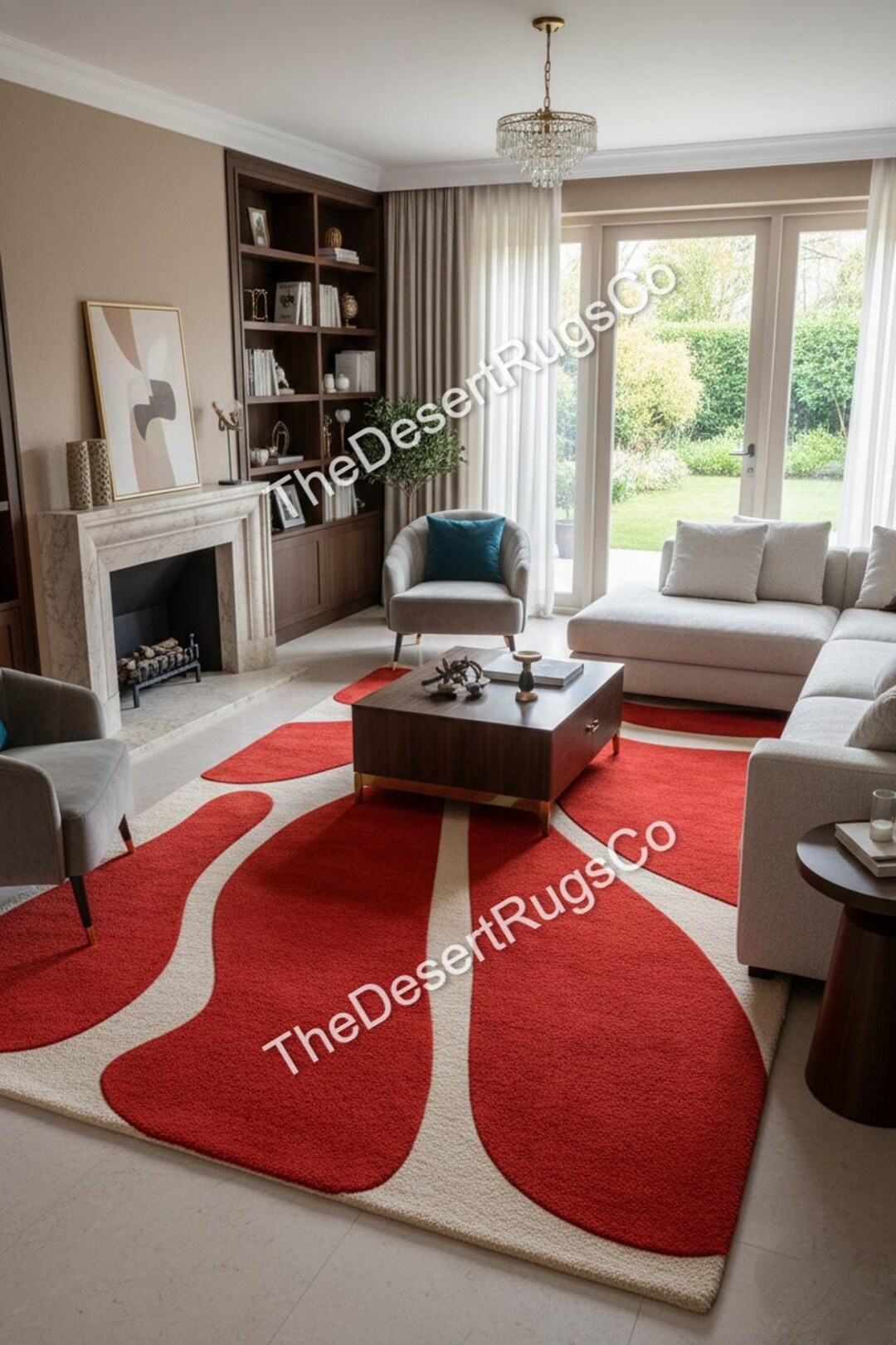 Abstract Red Beige Area Rug, Modern Hand Tufted Living Room Carpet ...