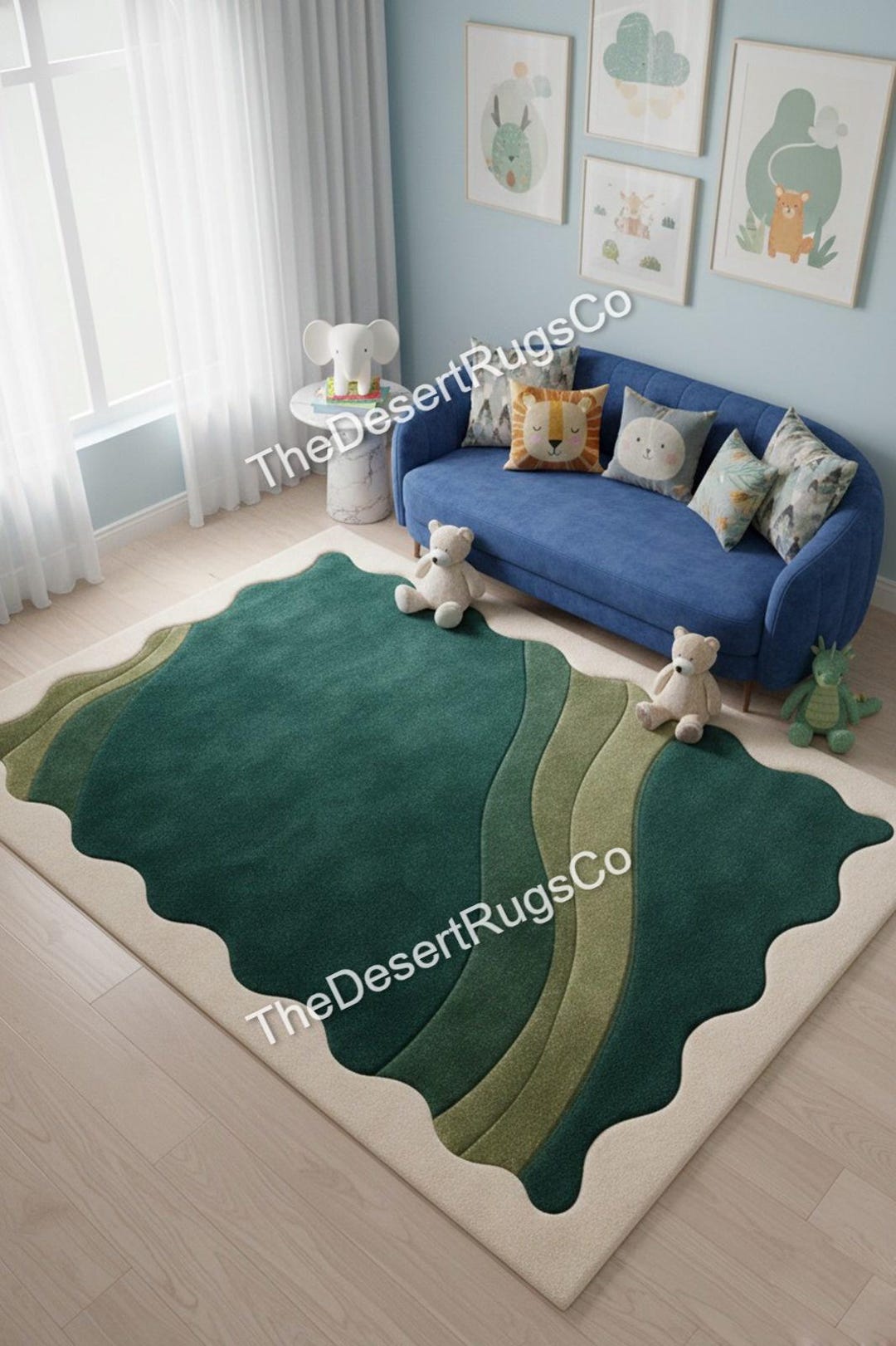 Abstract Green Area Rug Beige Border Contemporary Living Room Carpet ...