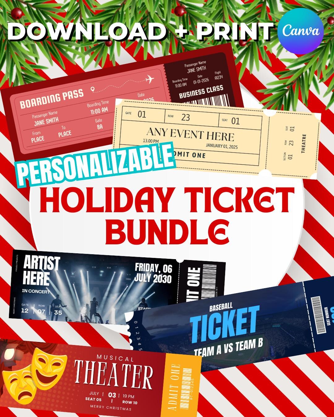 Holiday Ticket Bundle – Editable Canva Template | 10 Printable Gift ...